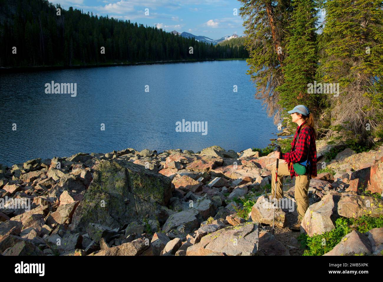 Hiker at Lady of the Lake, Absaroka Beartooth Wilderness, Gallatin ...