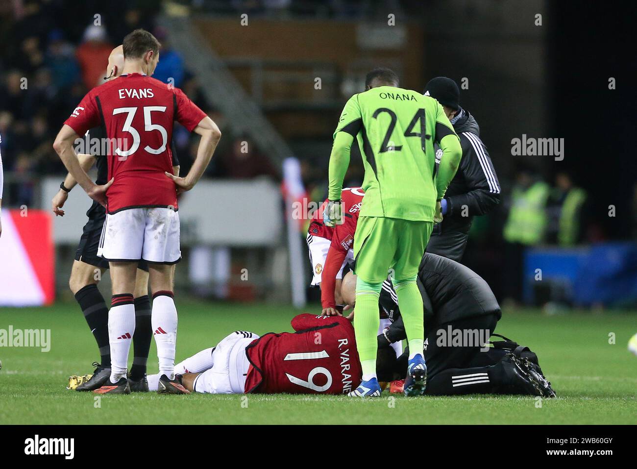 Wigan, UK. 08th Jan, 2024. Raphael Varane of Manchester United receives ...