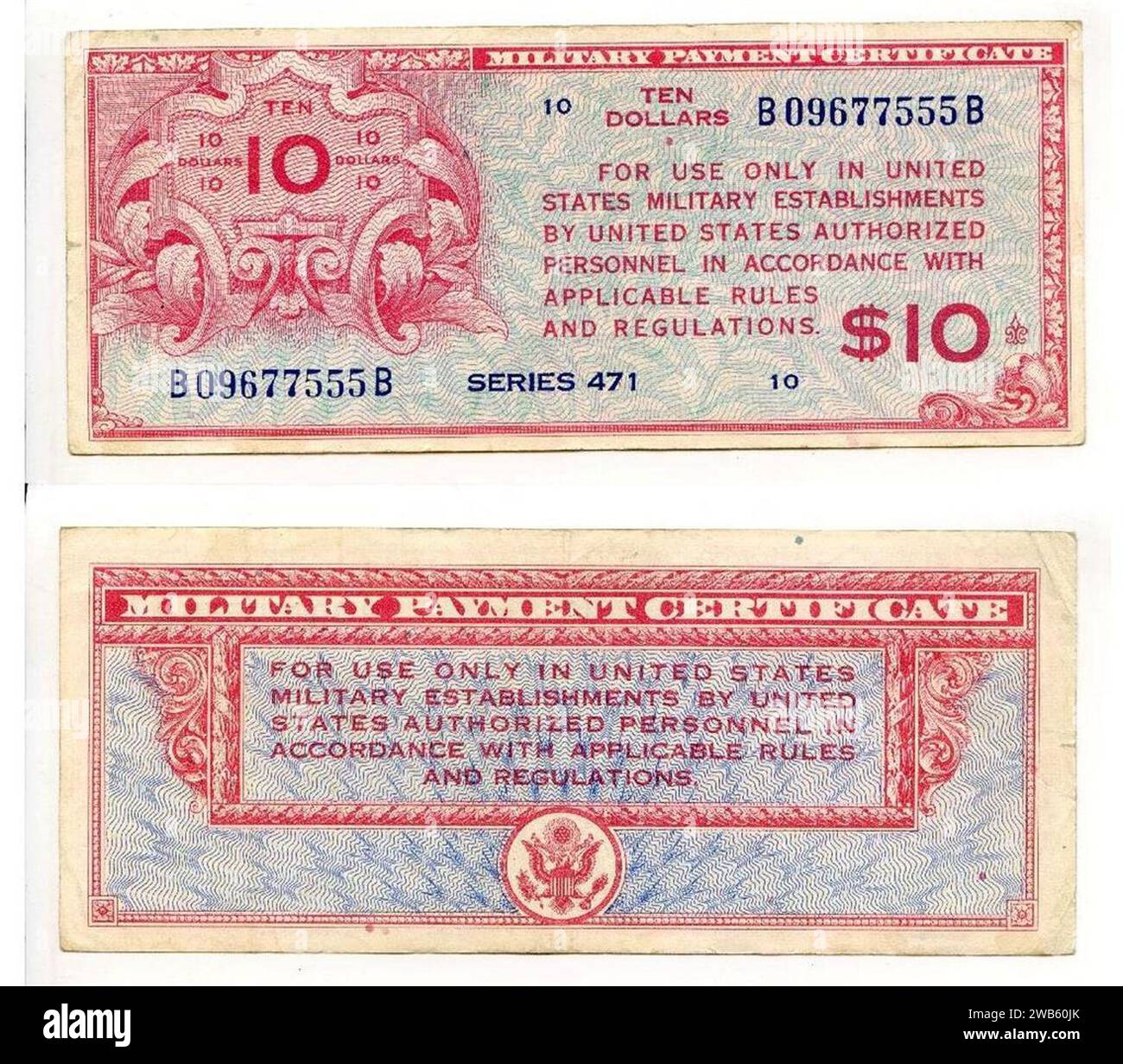 10 Dollars - USA Military Payment Certificate (série 471) 1947 Stock ...