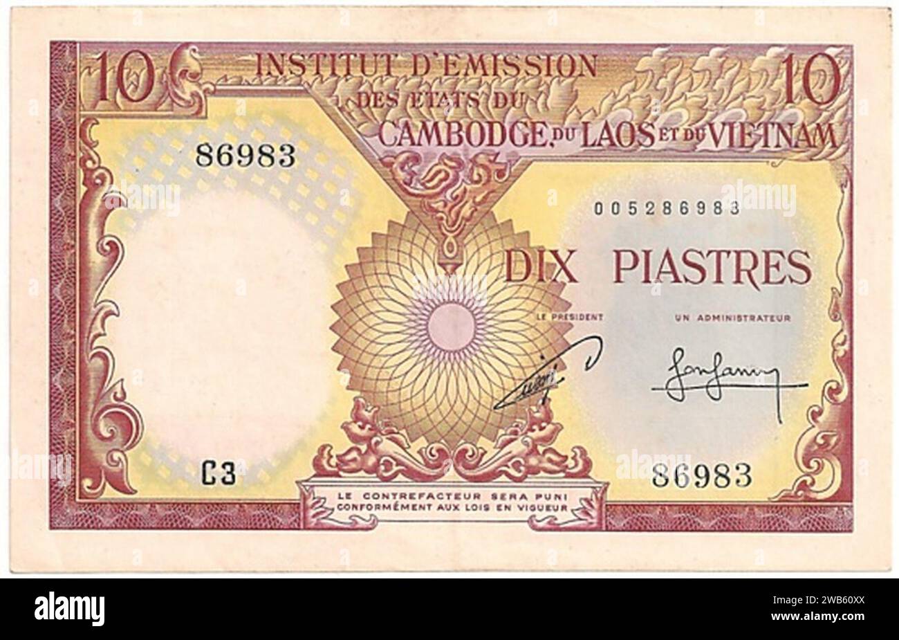 10 Piastres - Institut d'Émission des États du Cambodge, du Laos et du ...