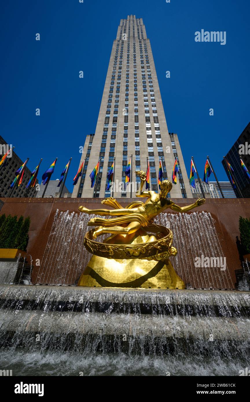 Rockefeller Center building in New York from below with wide angle view ...