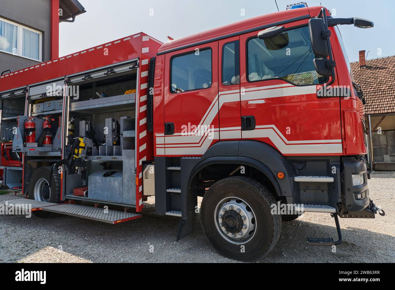 A state-of-the-art firetruck, equipped with advanced rescue technology ...