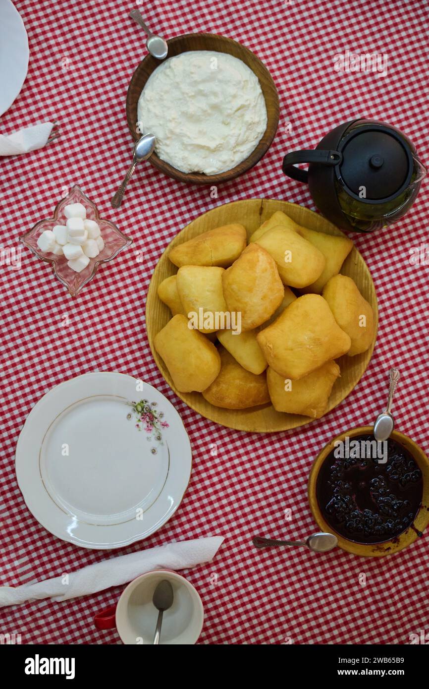 An enticing top down view captures a delightful breakfast tableau ...