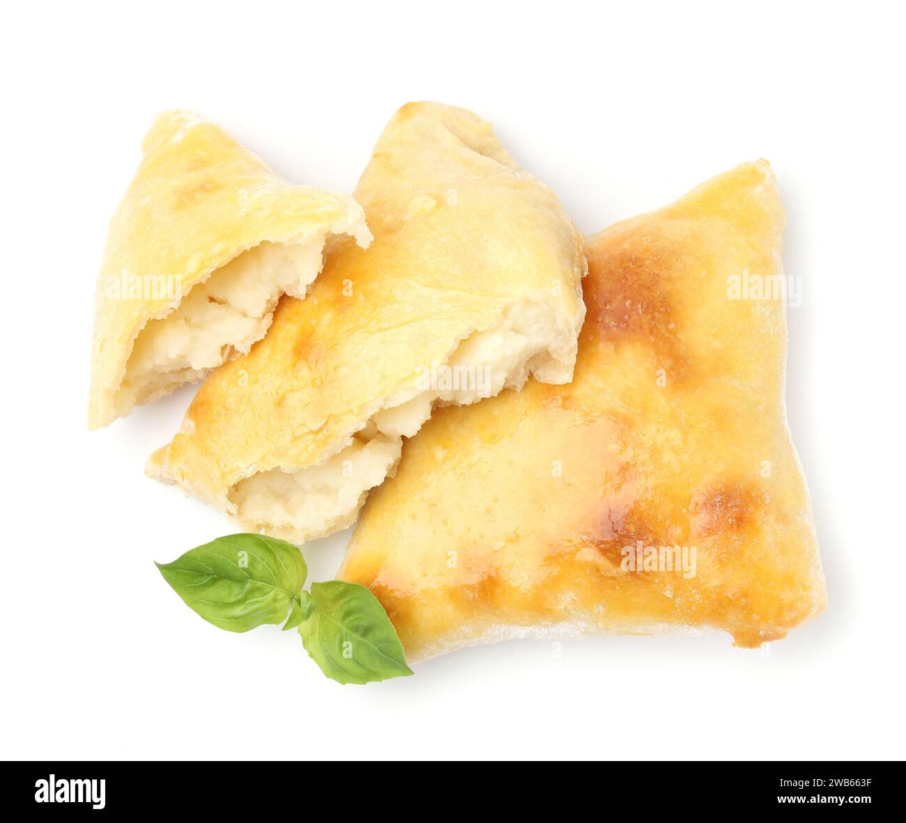 Delicious samosas and basil isolated on white, top view. Homemade ...