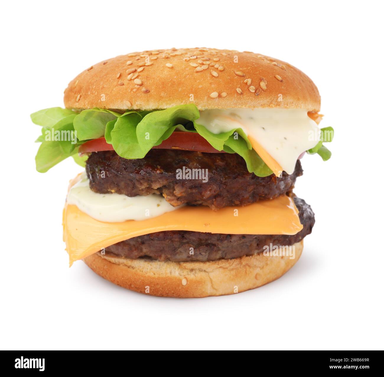 Tasty cheeseburger with patties and tomato isolated on white Stock ...