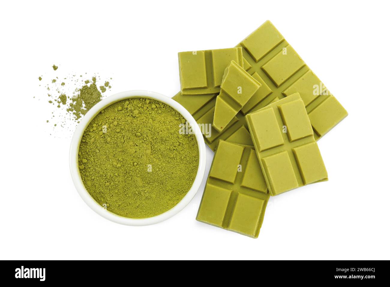 Pieces of tasty matcha chocolate bar and powder isolated on white, top ...