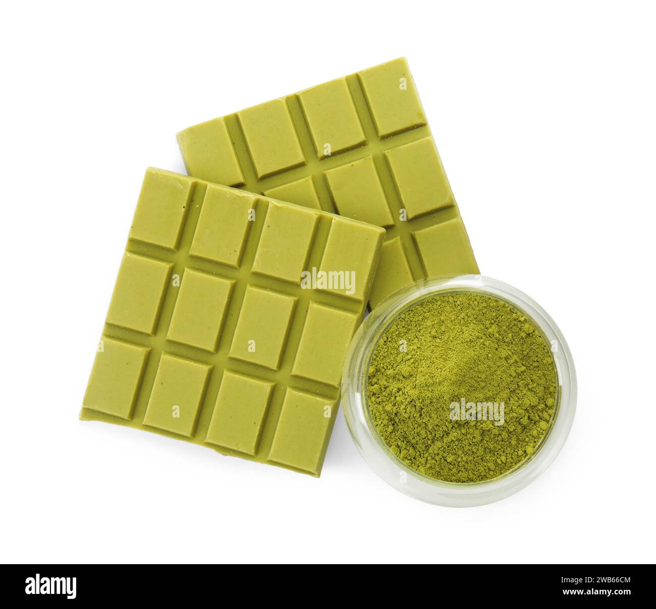 Pieces of tasty matcha chocolate bar and powder isolated on white, top ...