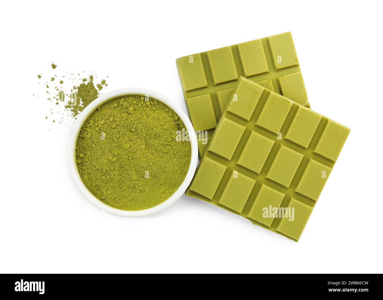 Pieces of tasty matcha chocolate bar and powder isolated on white, top ...