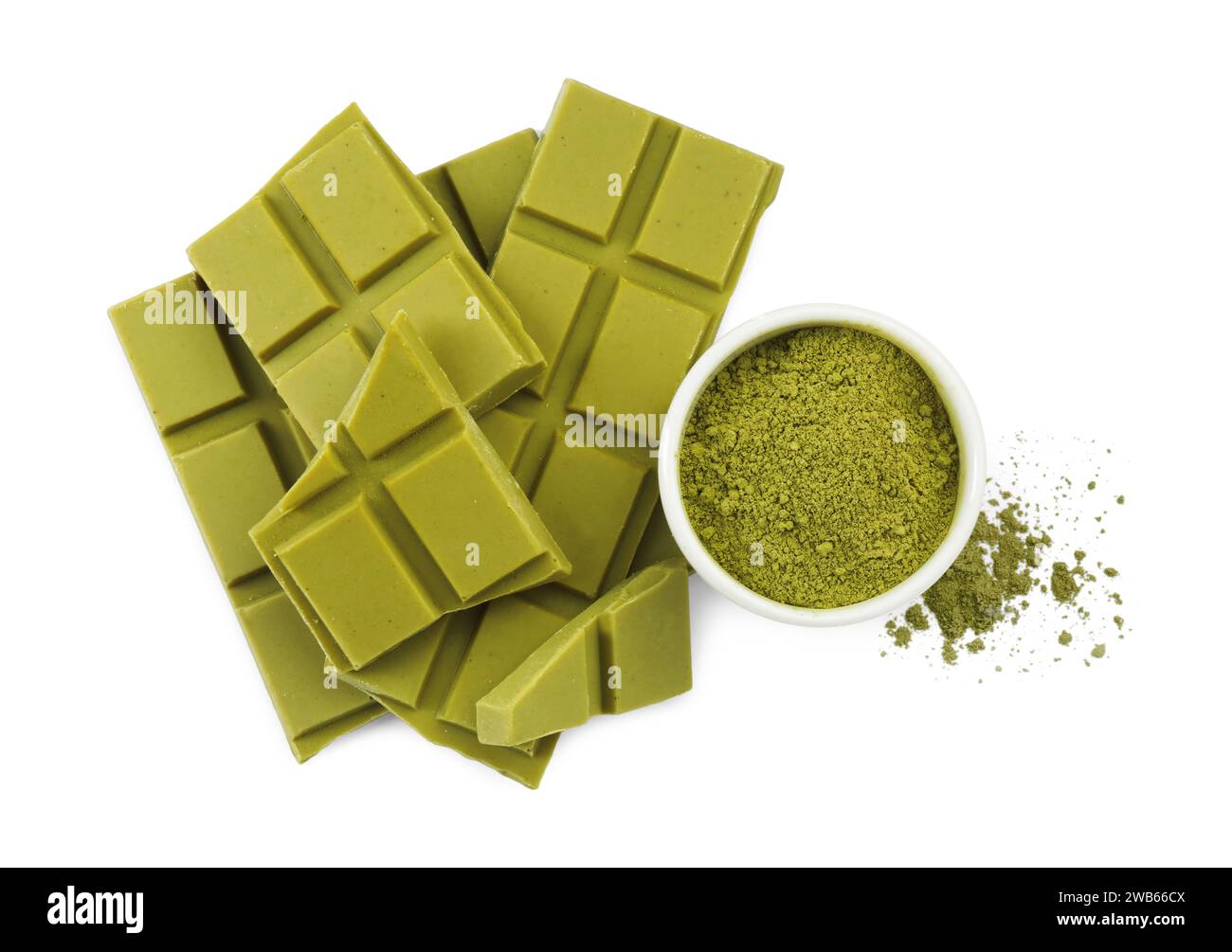 Pieces of tasty matcha chocolate bar and powder isolated on white, top ...