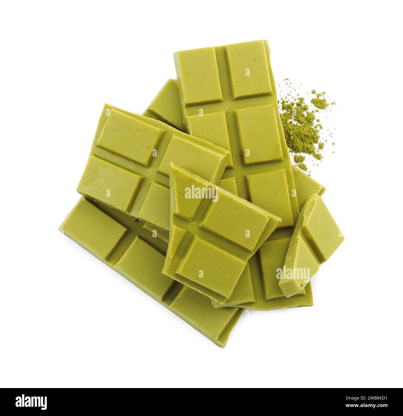 Pieces of tasty matcha chocolate bar and powder isolated on white, top ...