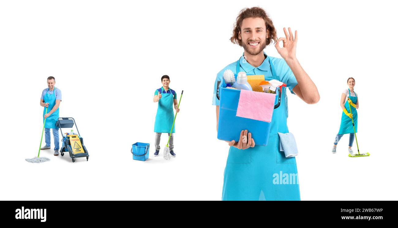 Team of workers of cleaning service on white background Stock Photo - Alamy