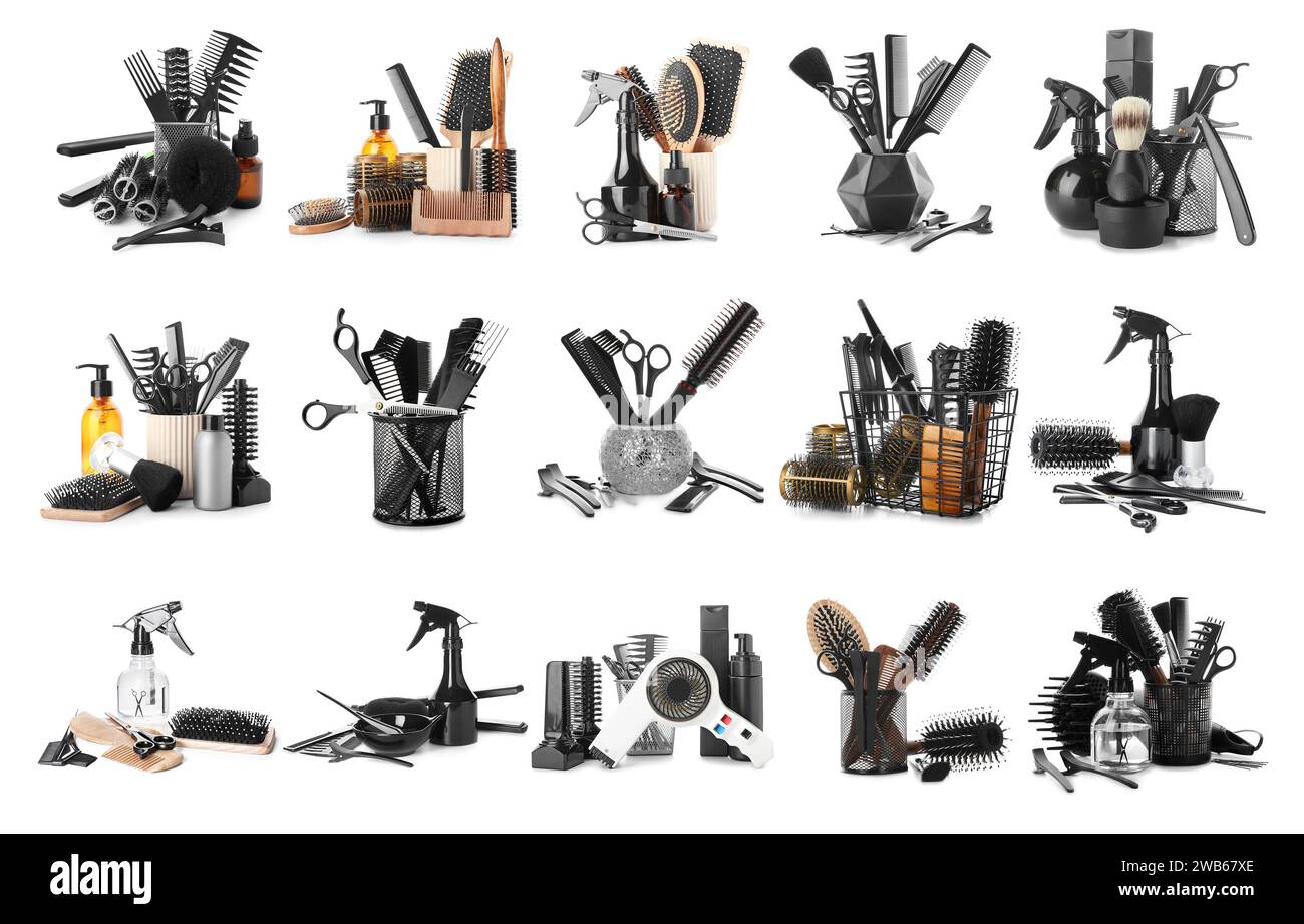 Set of many different hairdresser's tools isolated on white Stock Photo ...