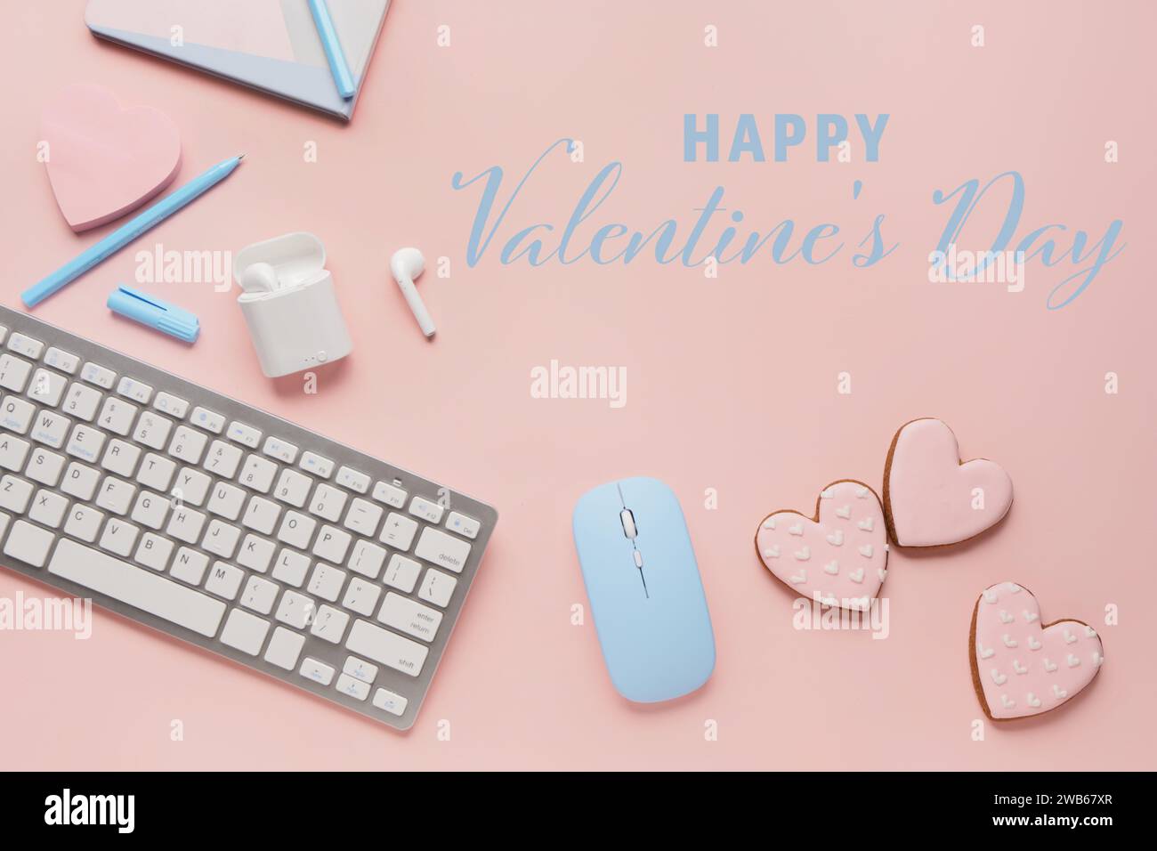 Festive banner for Valentines Day with heart shaped cookies, computer ...