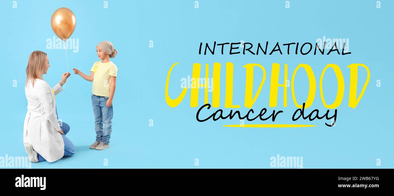 Banner for International Childhood Cancer Day with little girl and ...