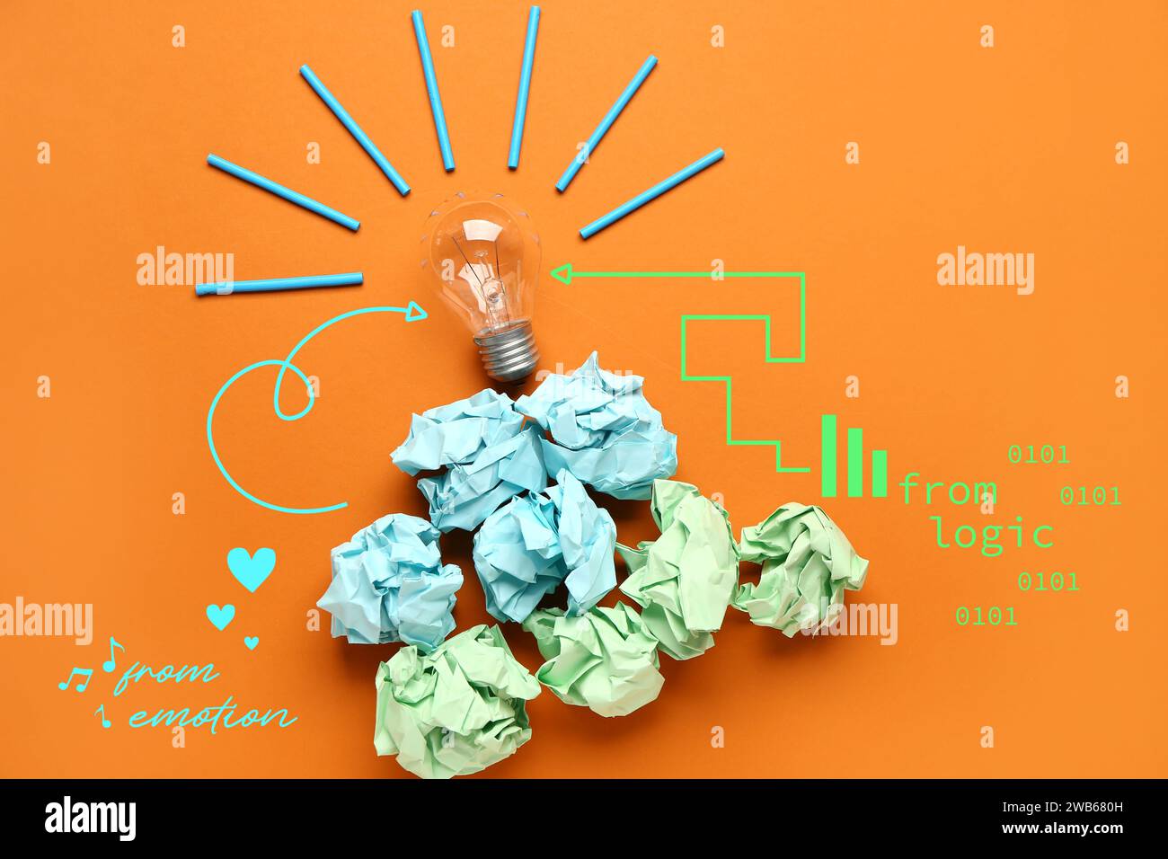 Light bulb with crumpled paper on orange background. Logic concept ...