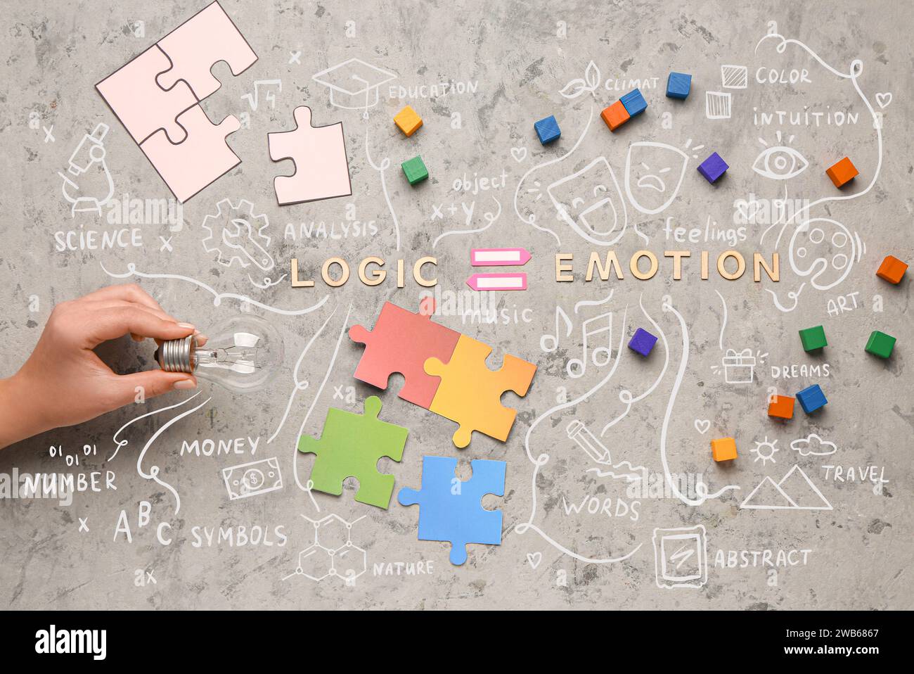 Hand with light bulb, words LOGIC, EMOTION, cubes and puzzle pieces on ...
