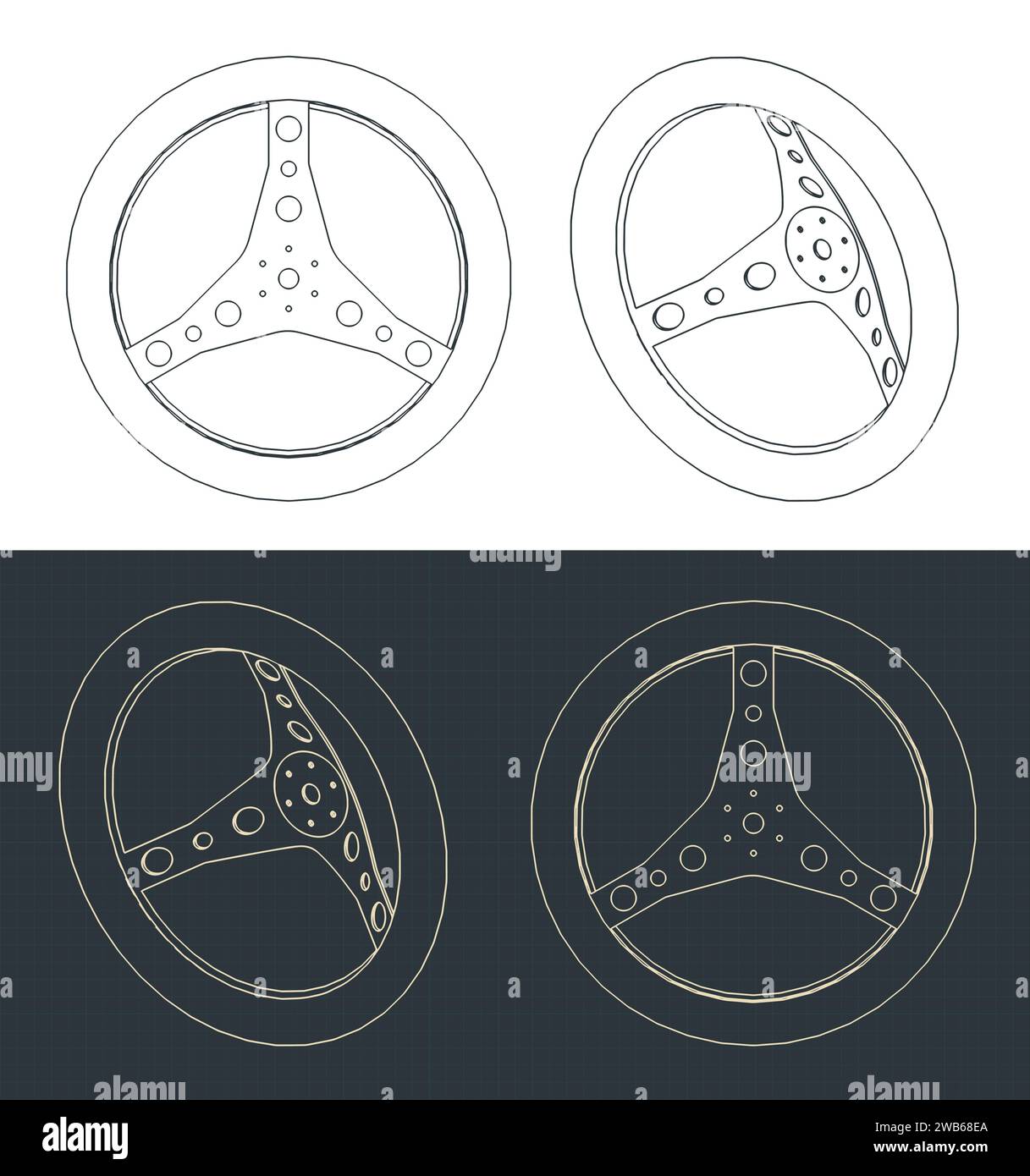 Stylized vector illustrations of blueprints of a sports car steering ...