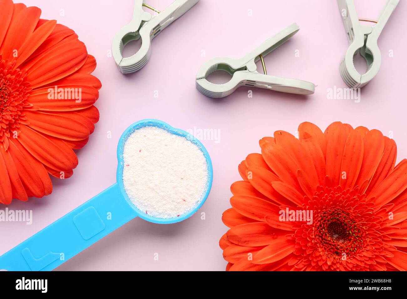 Laundry detergent, gerbera flowers and clothespins on pink background ...