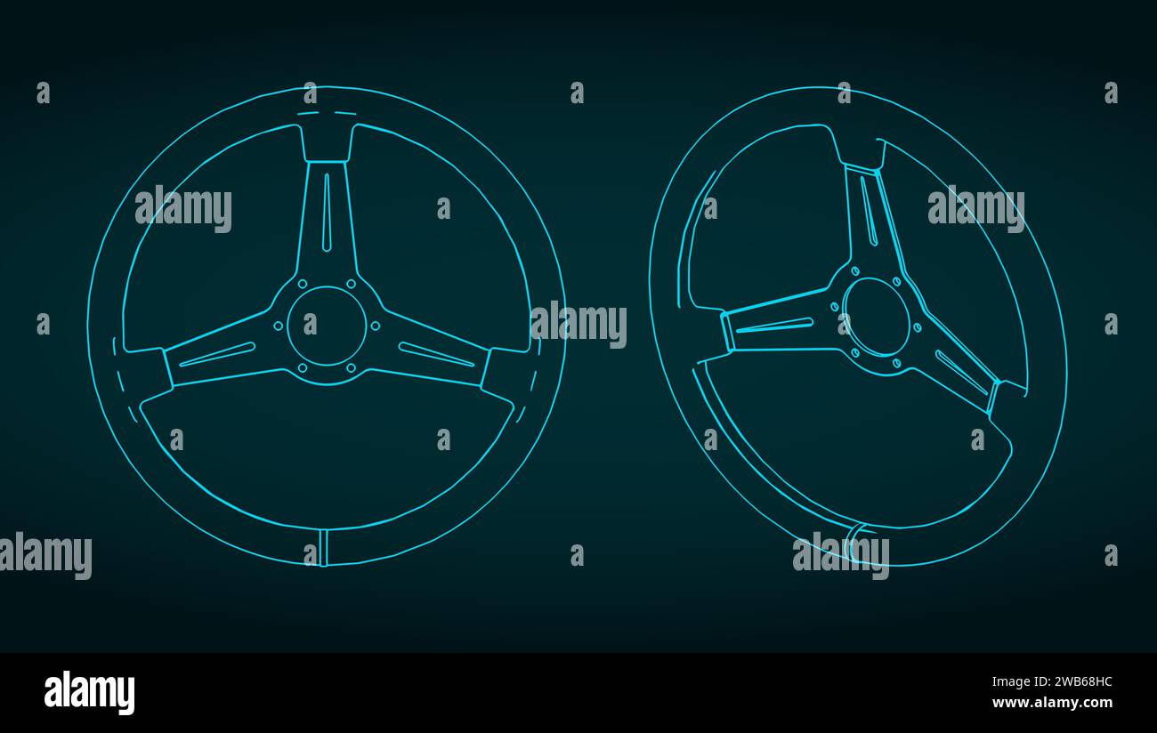 Stylized vector illustration of blueprint of a sports car steering ...