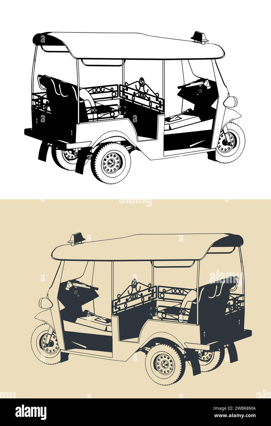 Stylized vector illustrations of a tricycle called tuk tuk Stock Vector ...