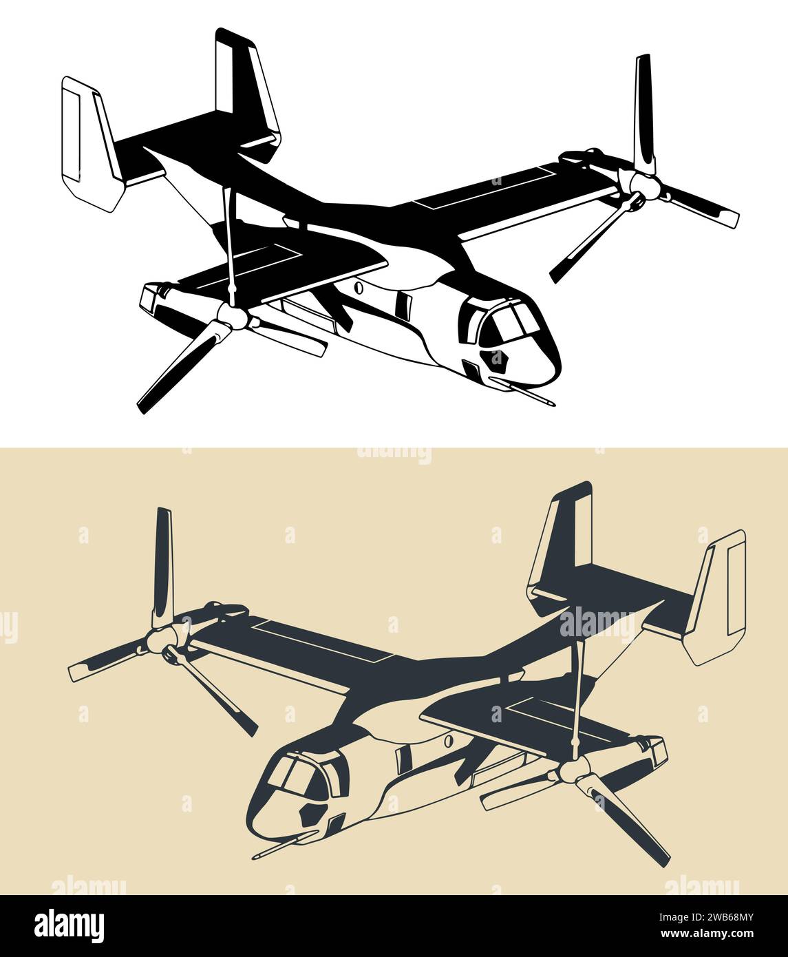 Stylized vector illustration of a V-22B Osprey tiltrotor military ...