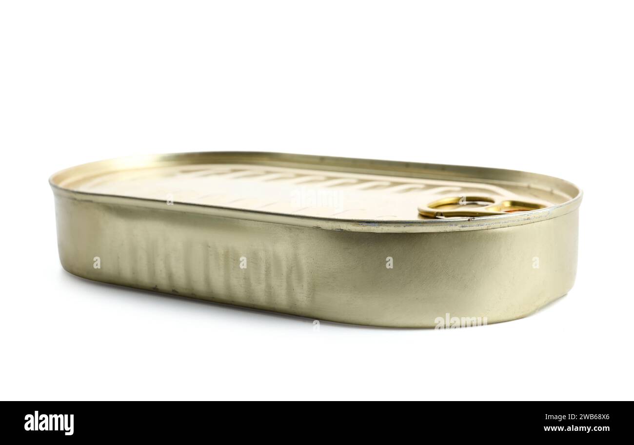 Tin can with fish isolated on white background Stock Photo - Alamy