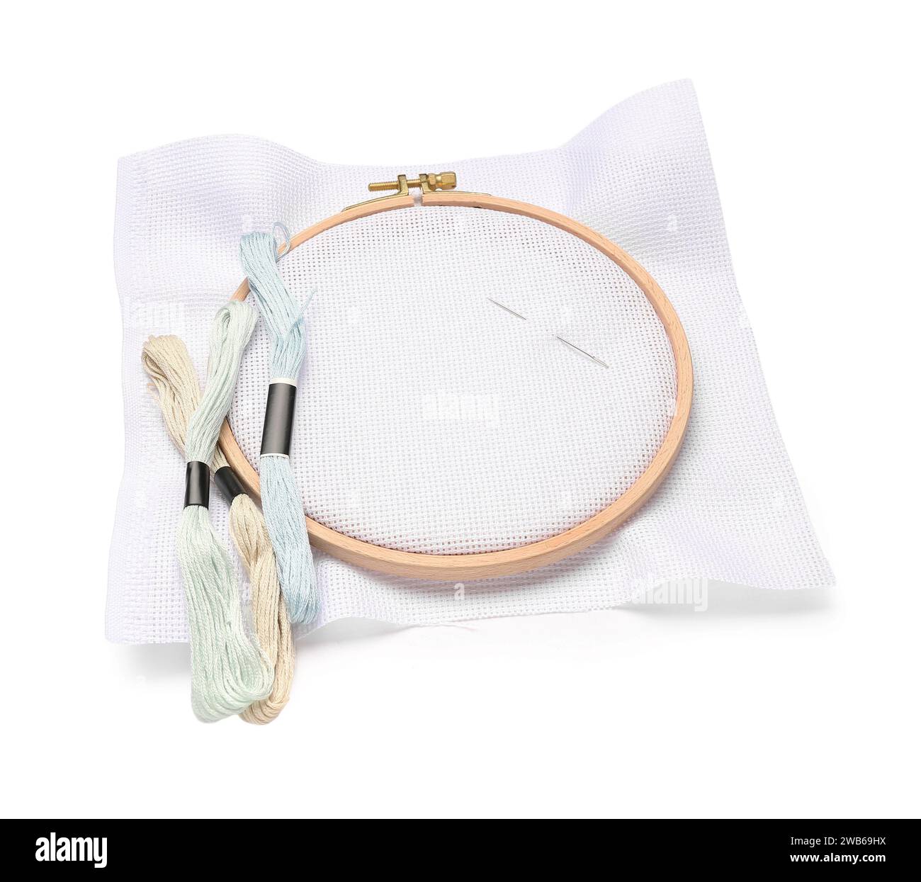 Embroidery hoop with canvas, needle and mouline threads isolated on ...