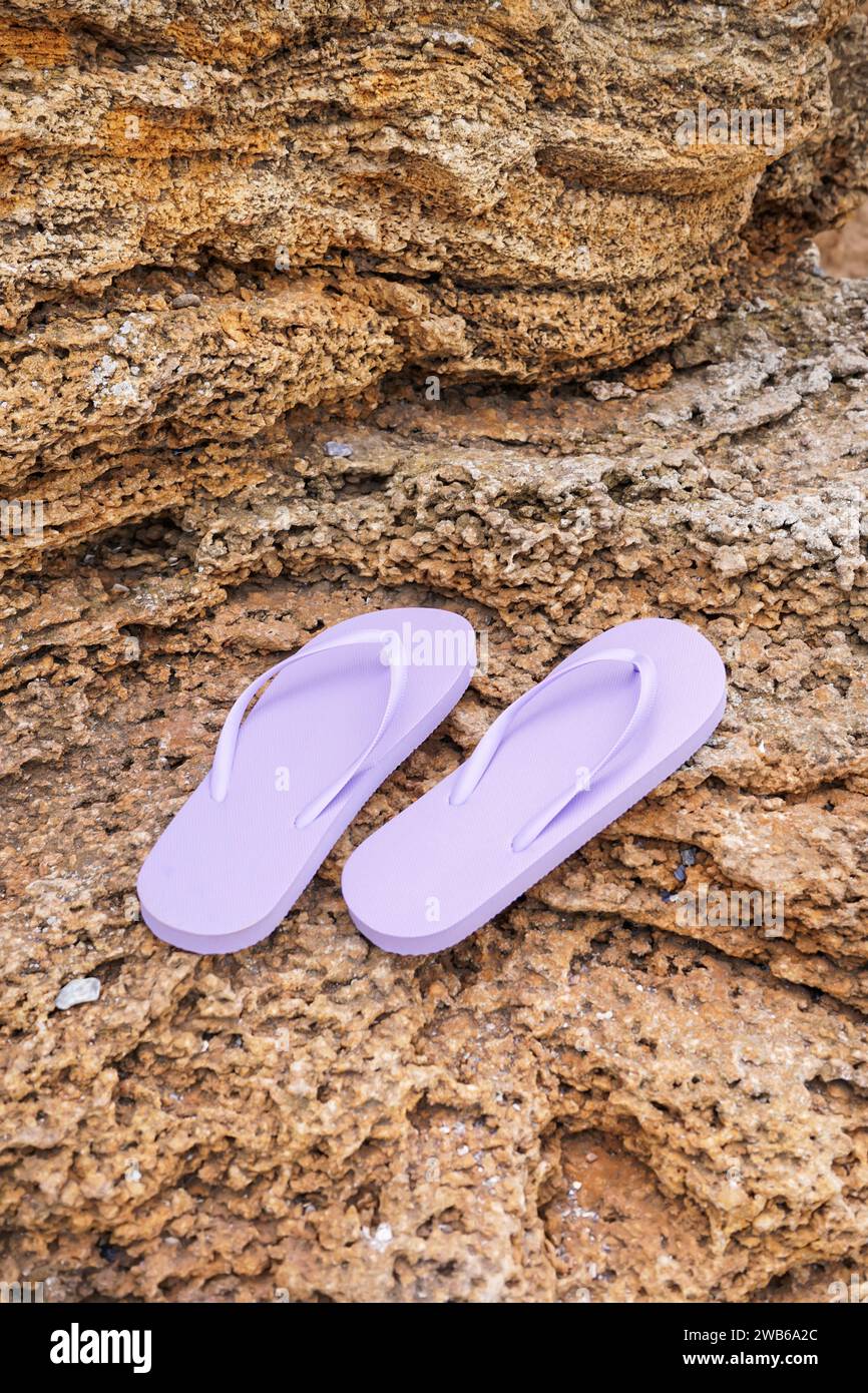Stylish lilac flip-flops on rock Stock Photo - Alamy