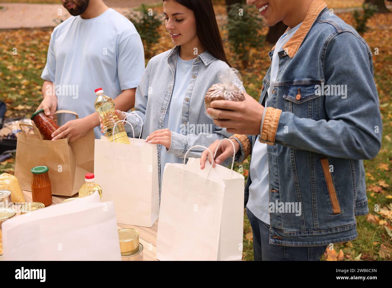 Group of volunteers packing food products at table in park, closeup ...