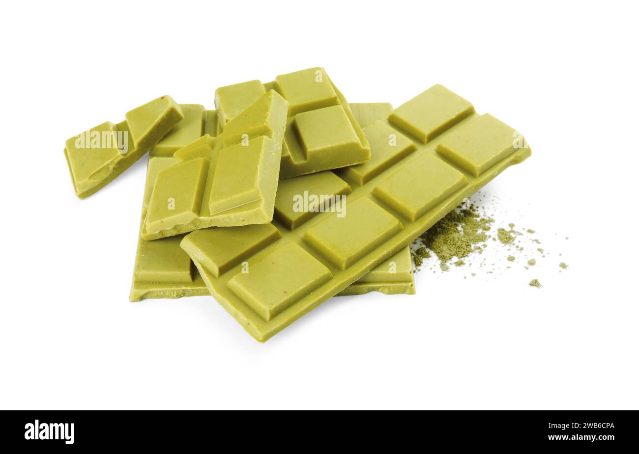 Pieces of tasty matcha chocolate bar and powder isolated on white Stock ...