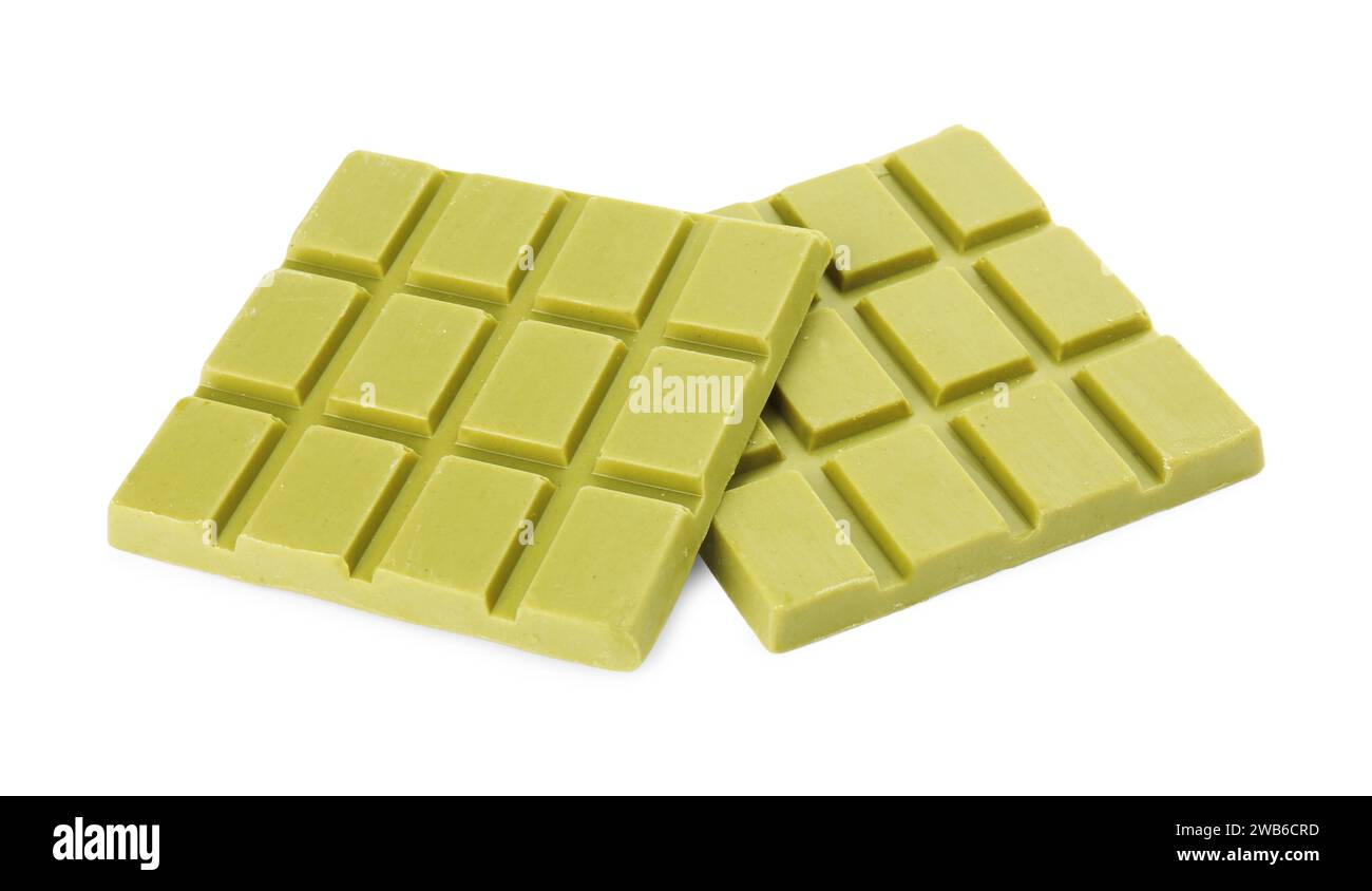 Pieces of tasty matcha chocolate bar isolated on white Stock Photo - Alamy