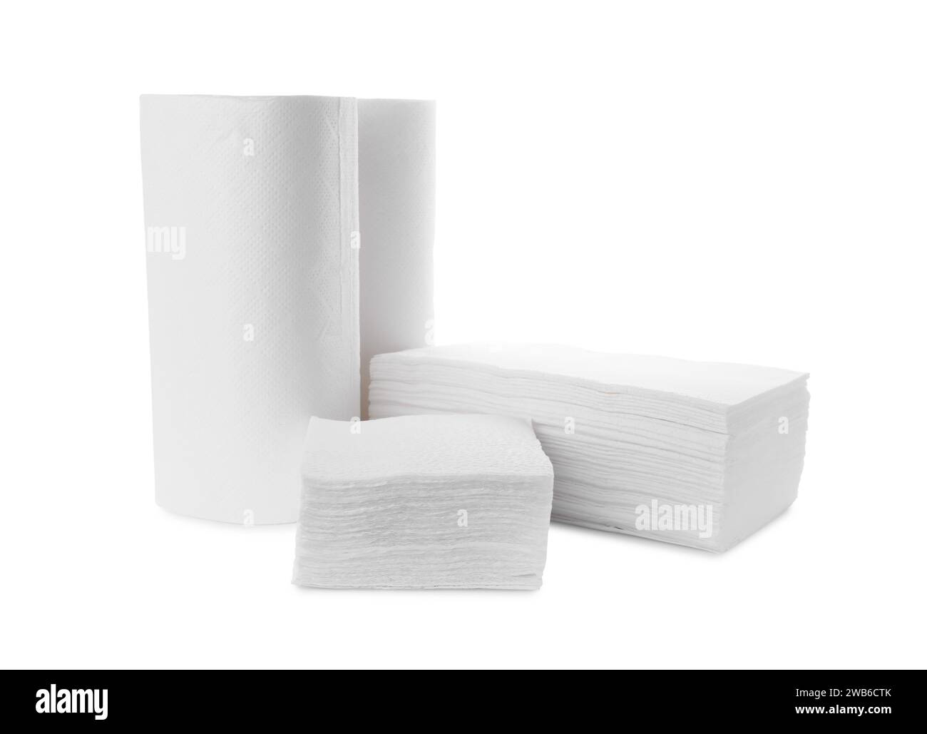 Clean tissues and rolls with paper towels isolated on white Stock Photo ...