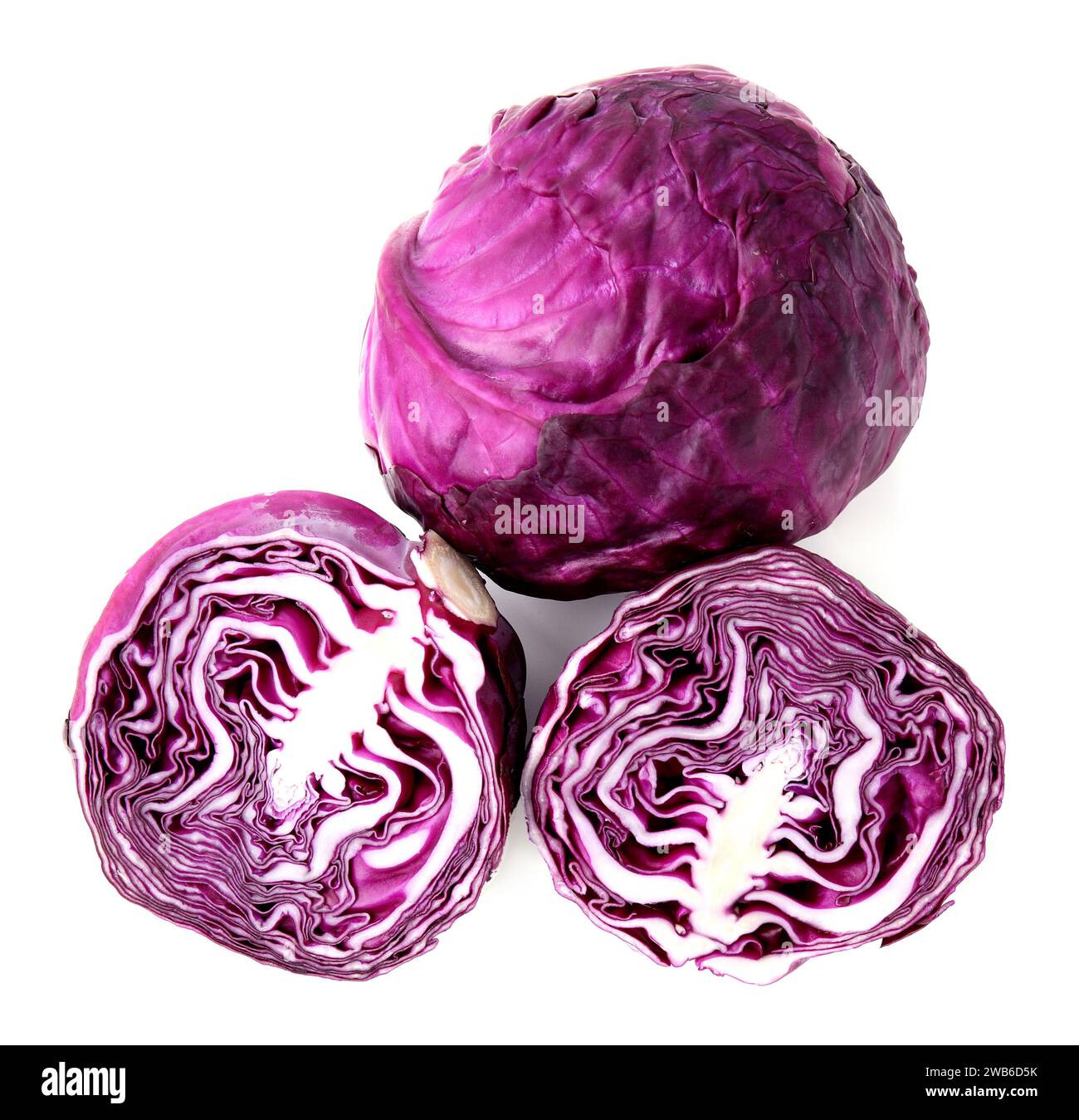 Whole and cut fresh red cabbages isolated on white, top view Stock ...