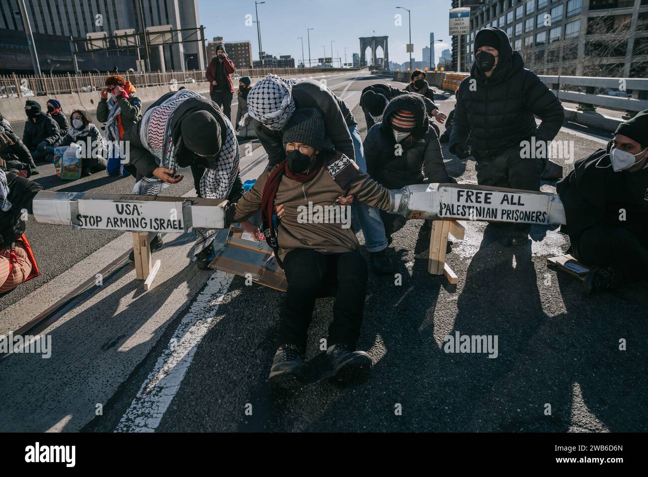 New York, United States. 08th Jan, 2024. Protesters sit-in while ...