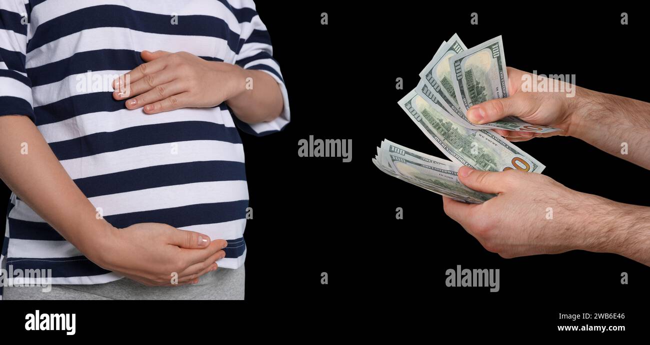 Surrogacy. Intended father with money and pregnant woman on black ...