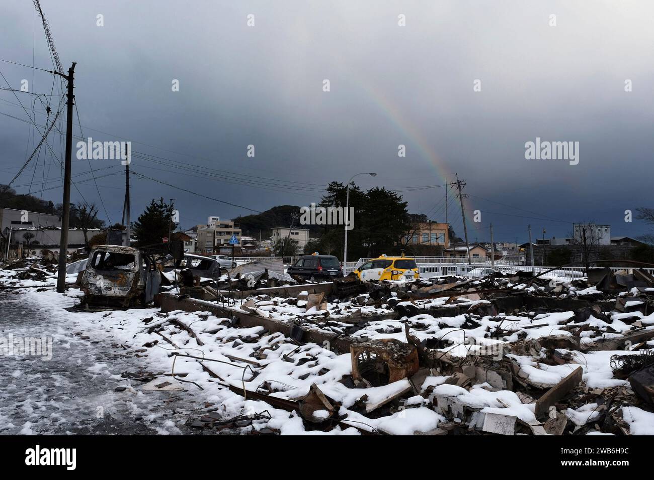 A rainbow appears at a disaster-stricken area in Wajima City, Ishikawa ...