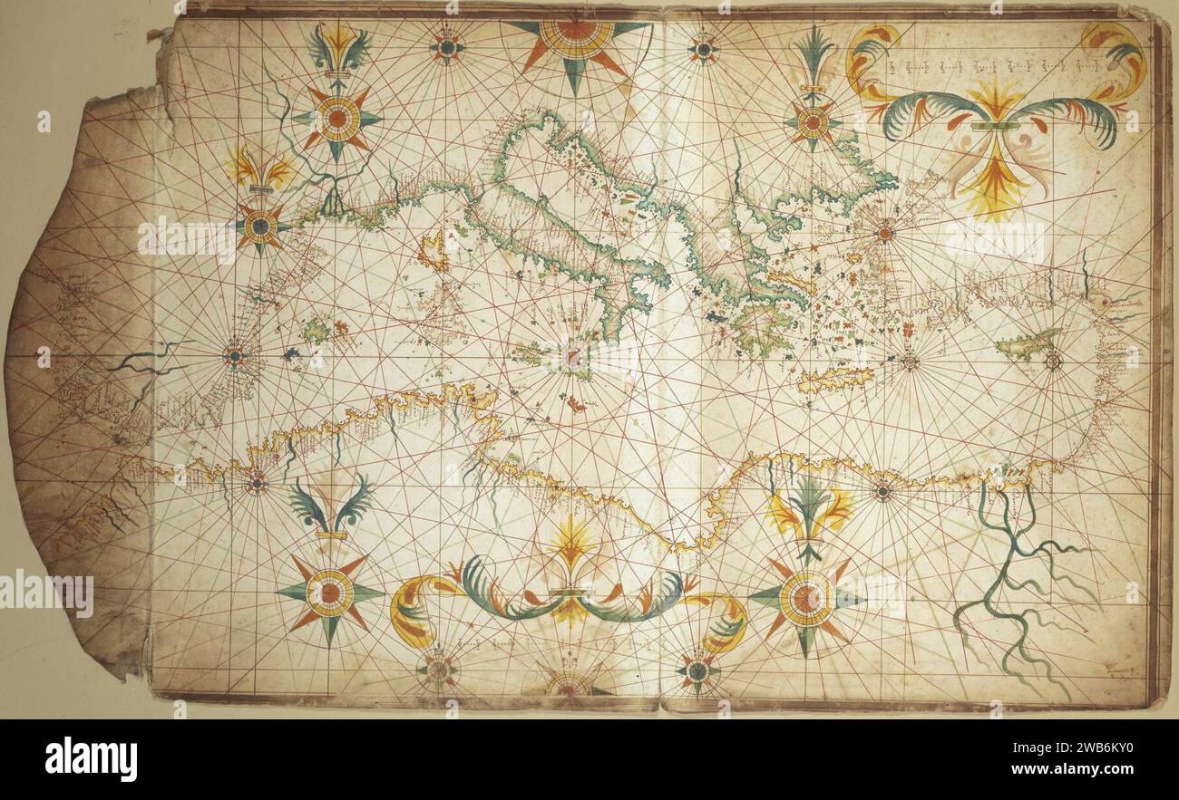 1650 Portolan chart of the Mediterranean Sea by François Ollive second ...