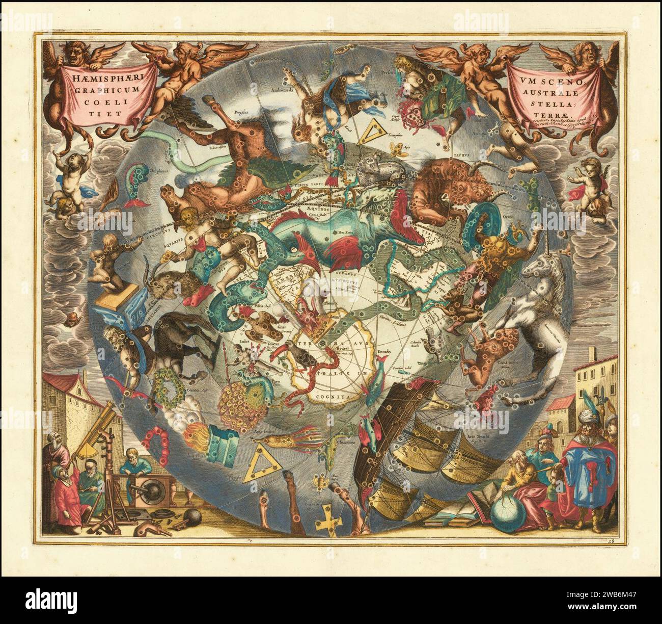 1660 celestial map of the Southern Sky, illustrating the constellations of the Southern ...