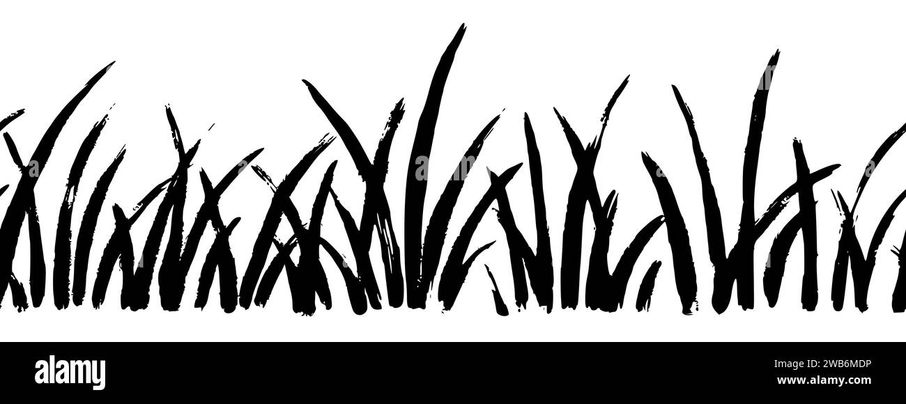 Grass doodle ink brush sketch seamless field border. Hand drawn vector ...