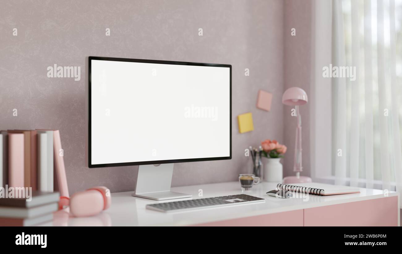 Beautiful girlie pink computer desk in a room with a white-screen ...