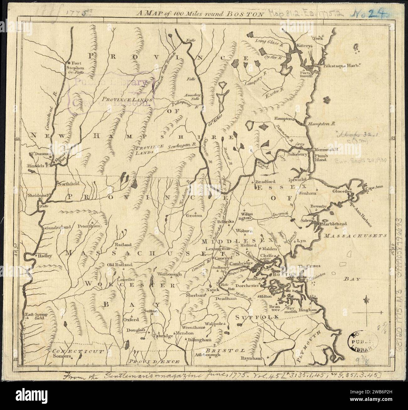 1775 A map of 100 miles round Boston, author unknown, from the ...