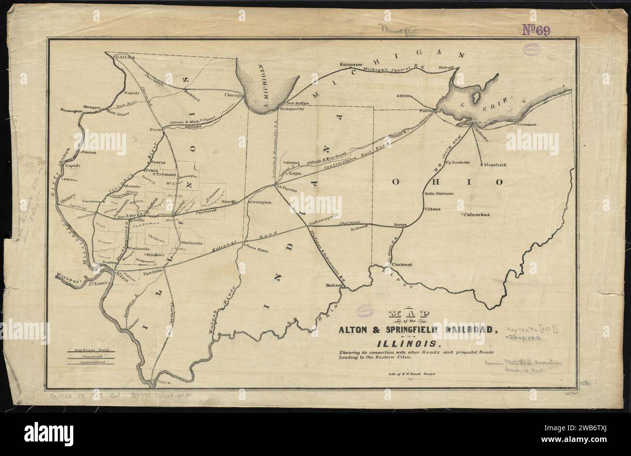 1847–1859 Map of the Alton & Springfield railroad, in Illinois, showing ...