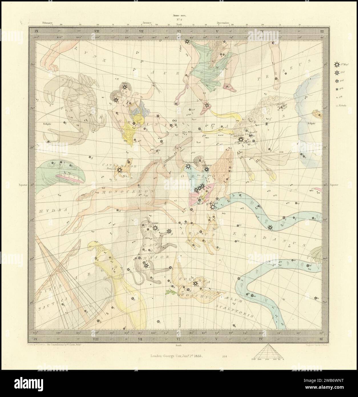 1855 celestial map - Taurus, Cancer, Orion, Gemini, Monoceros, Argo ...
