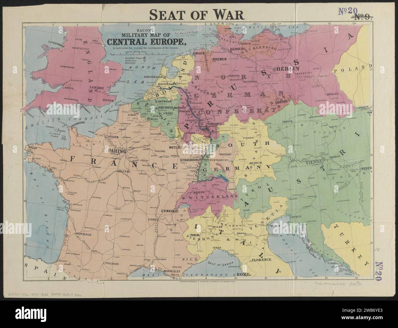 1870 Bacon's military map of Central Europe, in bold print for tracing ...
