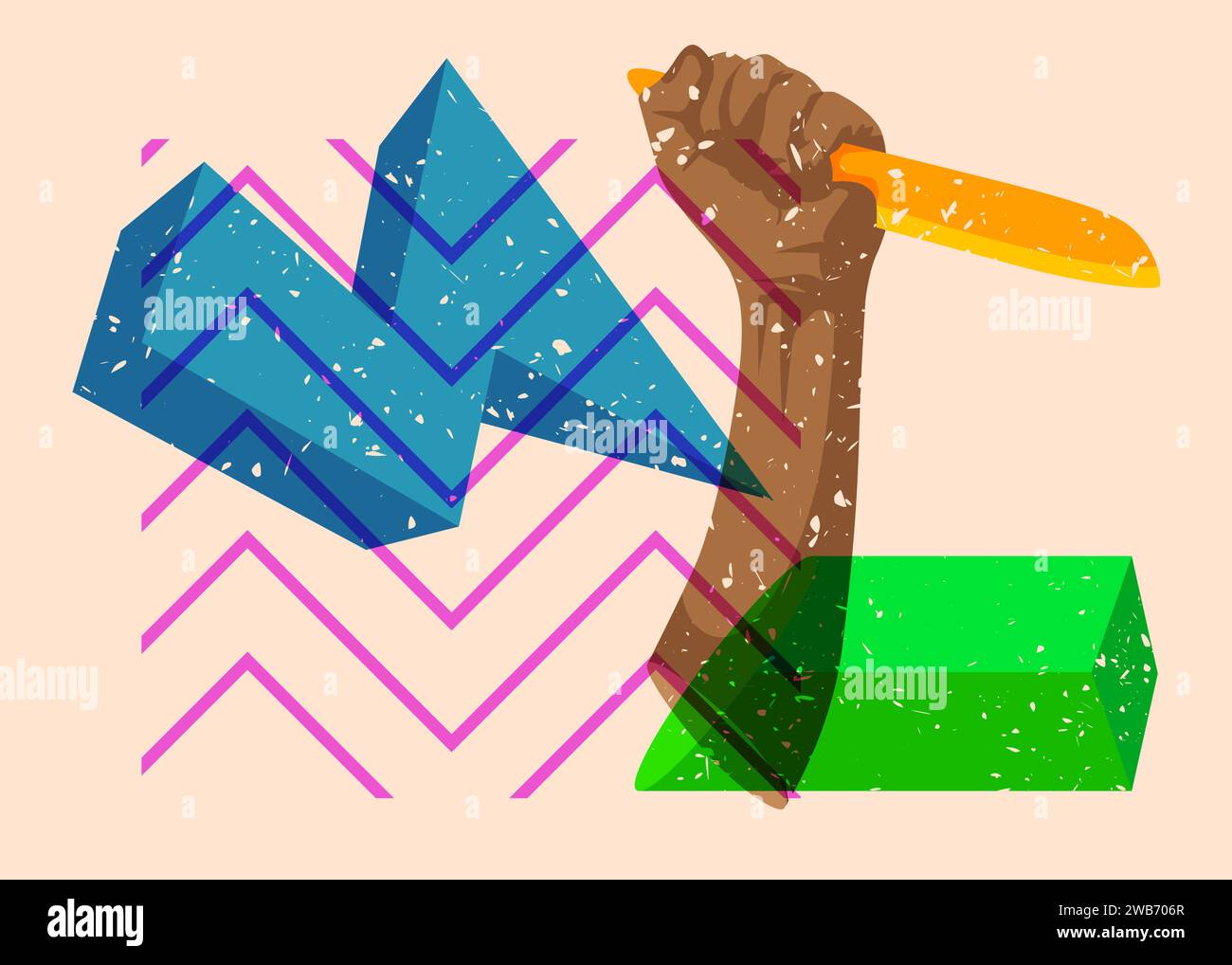 Risograph Kitchen Knife in hand with geometric shapes. Scary murderer ...