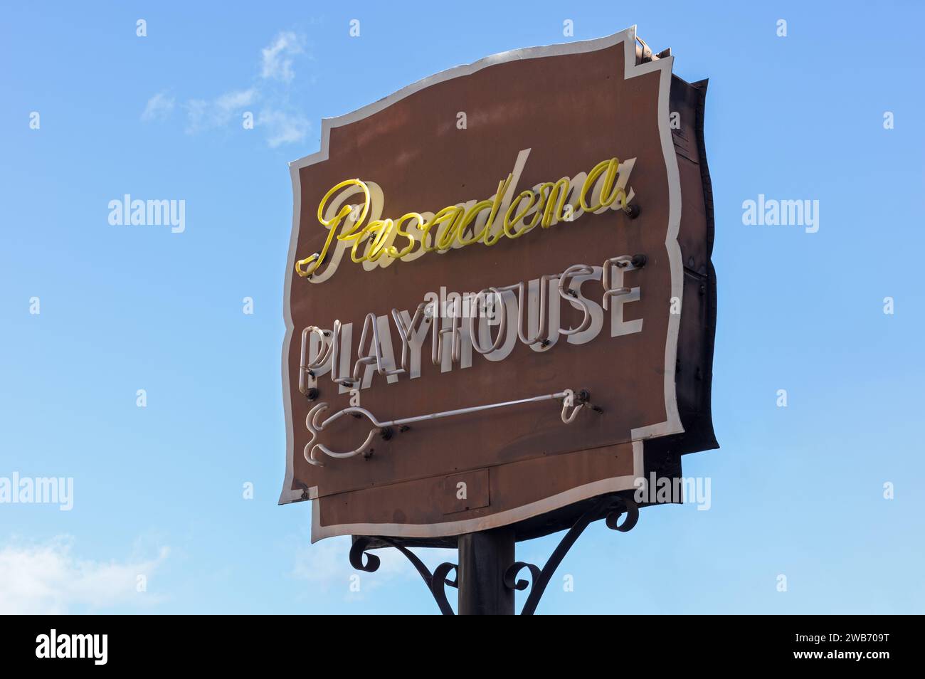 Historic Pasadena Playhouse neon sign shown on Colorado Boulevard. This ...