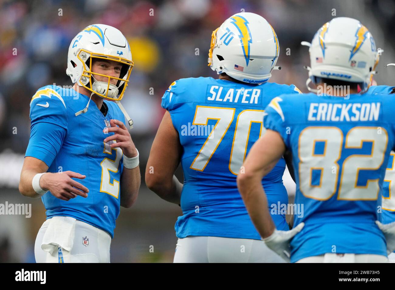 Los Angeles Chargers quarterback Easton Stick (2) talks to Los Angeles ...