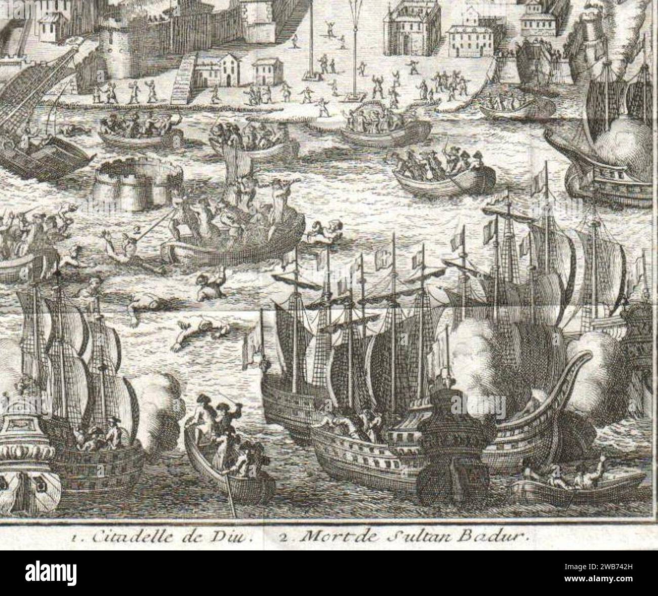 'Citadel of Diu' and 'Death of Sultan Badar', a copperplate engraving ...