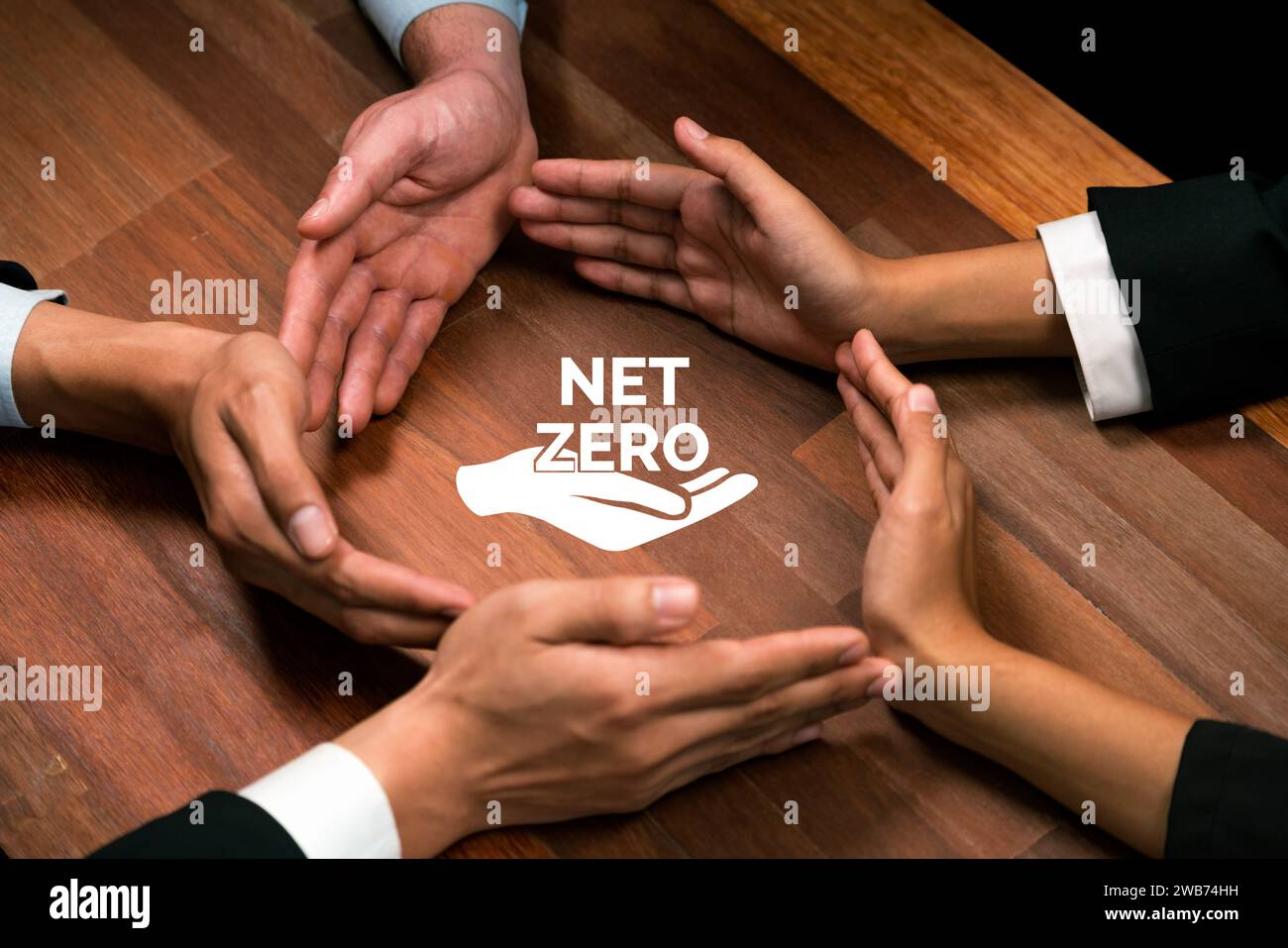 Top view group of business people forming circle hand around eco ...