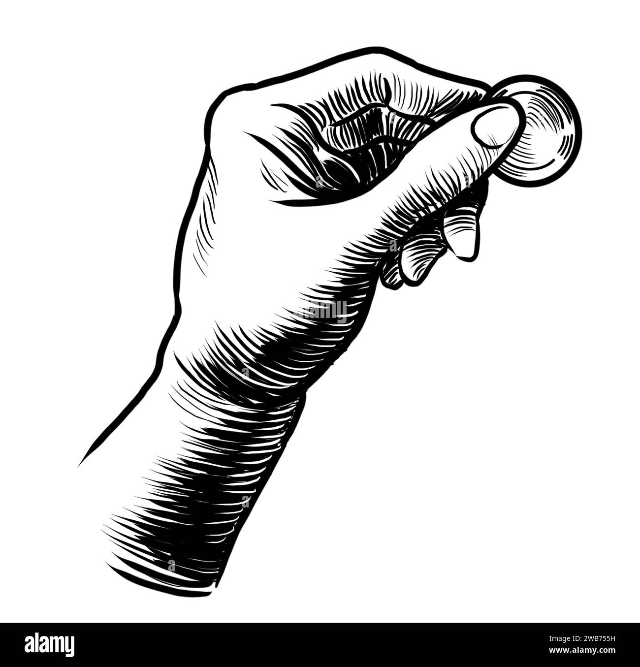 Hand with coin. Retro styled hand-drawn black and white illustration ...